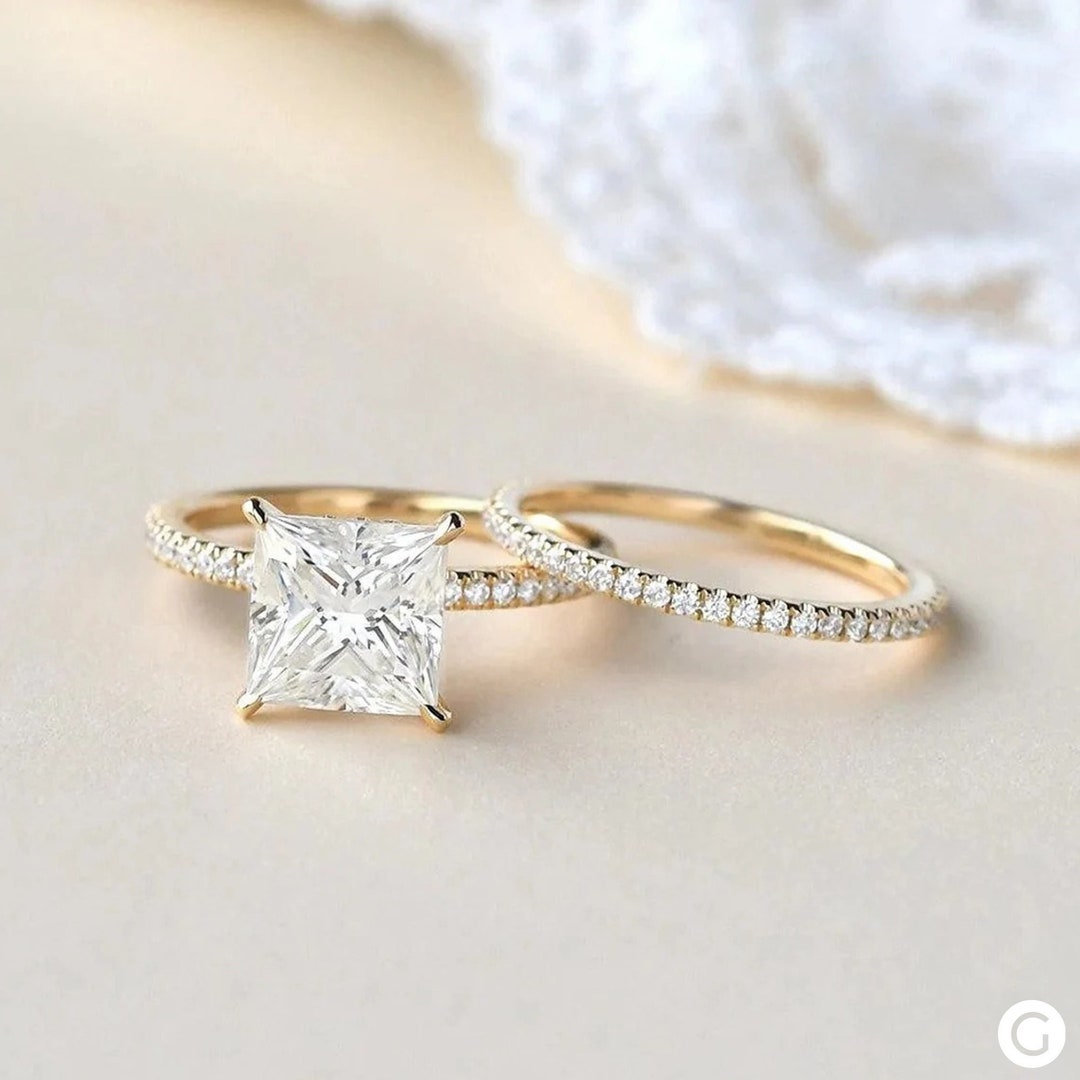 Princess Solitaire Engagement Ring Set, 2.50 CT Princess Cut Moissanite ...