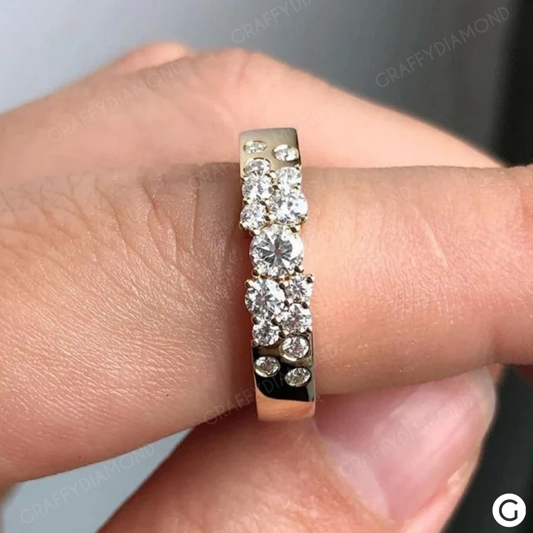 Flush Set Wide Wedding Band Cluster Floating Diamond Band Round Cut ...