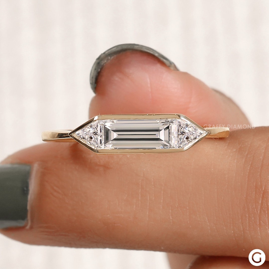 0.72 CT East West Baguette Diamond Engagement Ring 14K Solid Yellow ...