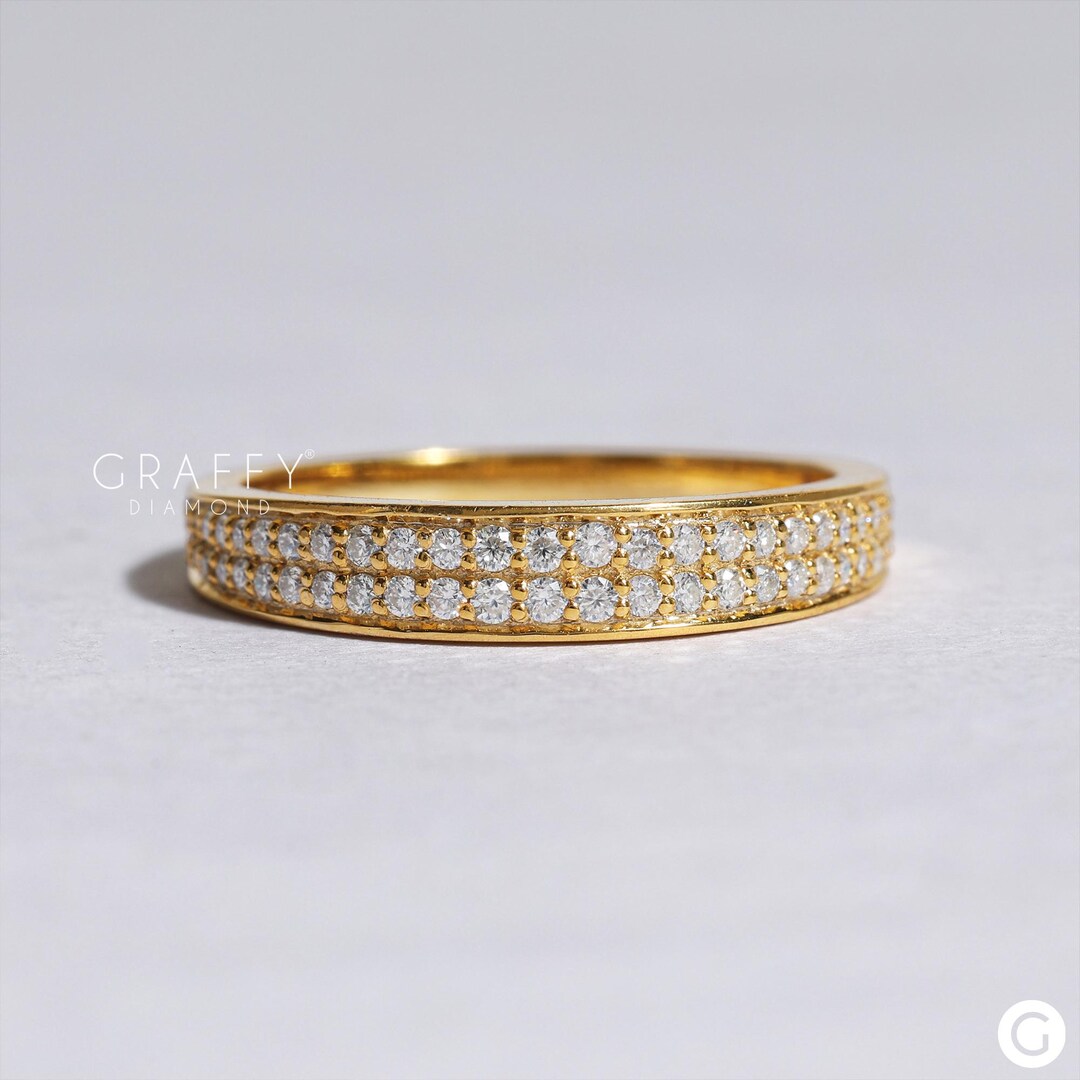 14K Yellow Gold Two-layer Diamond Half Eternity Band Dainty Stacking ...