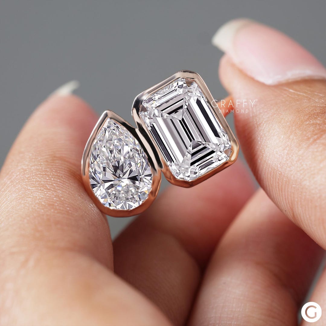 Fancy Toi Et Moi Ring, Bezel Set Two Stone Engagement Ring, Pear & Emerald Cut Moissanite ...