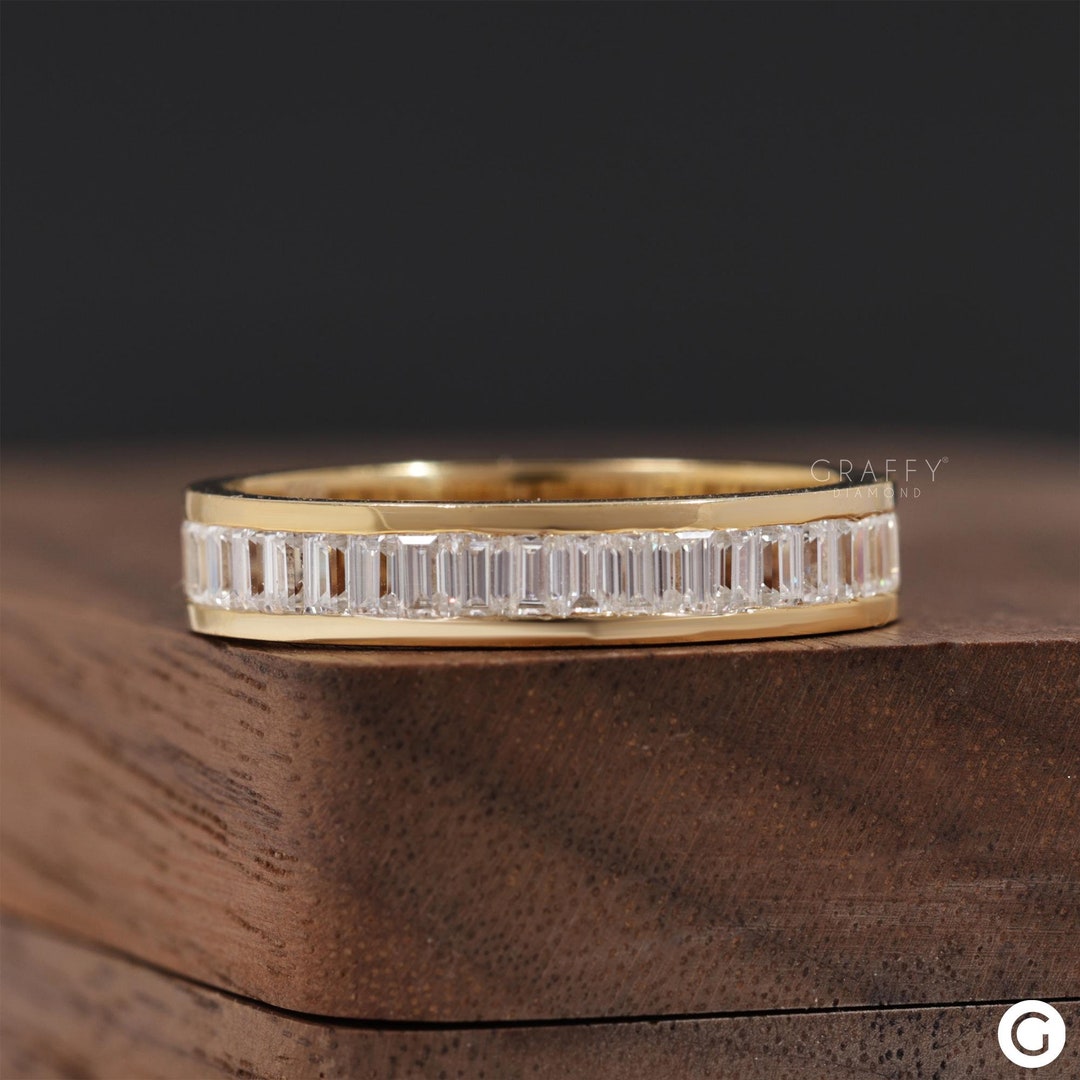 Gold Channel Set Baguette Ring, Full Eternity Wedding Band 14K Yellow ...