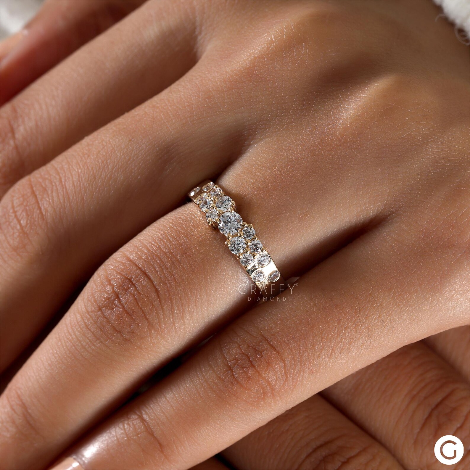 Round Cut Moissanite Engagement Band, Flush Set Wide Wedding Band ...