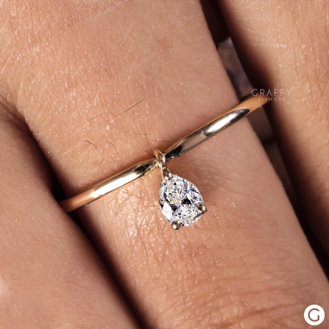 14K Personalized Tiny Dangle Charm Ring, Pear Cut Dangle Solitaire Ring ...