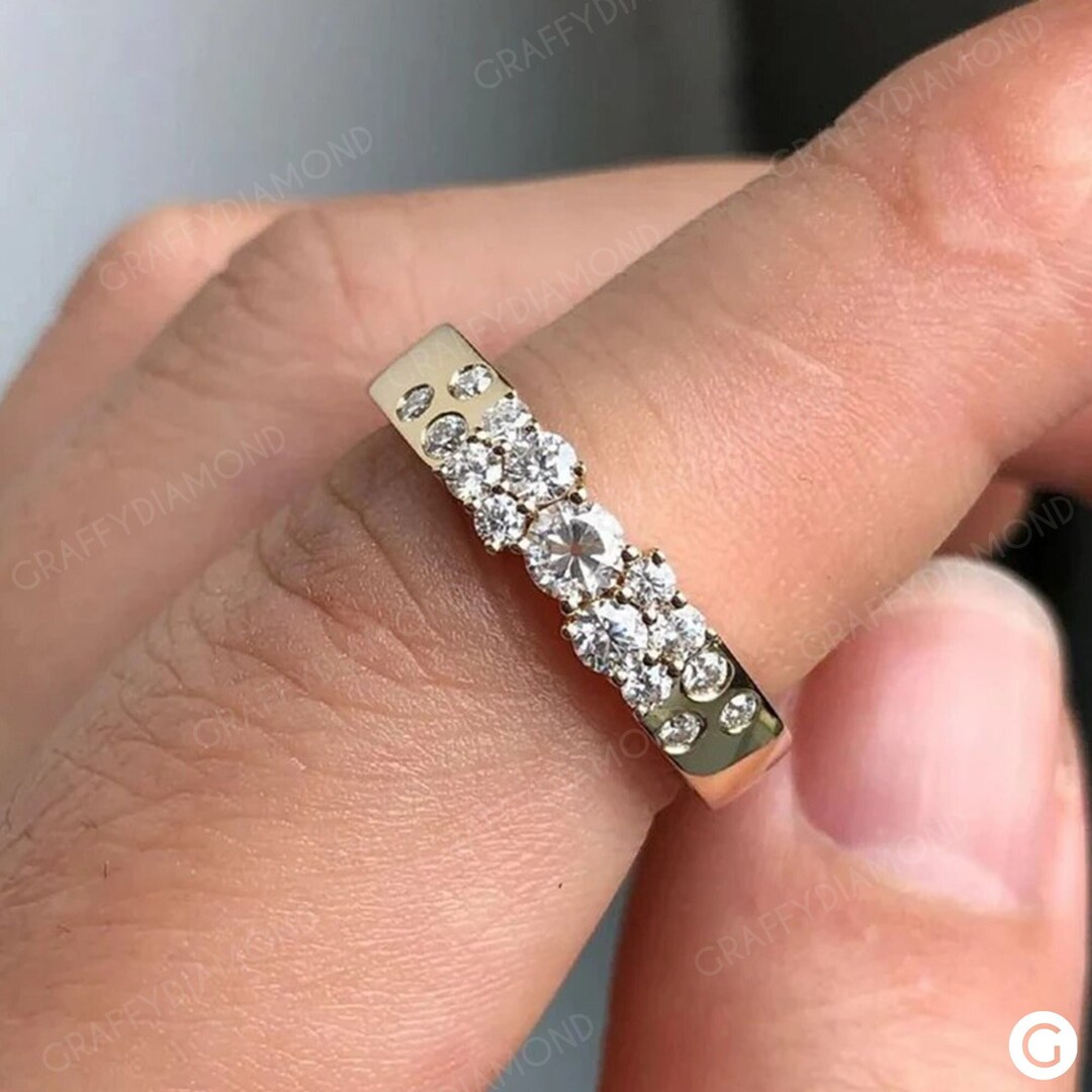 Flush Set Wide Wedding Band Cluster Floating Diamond Band Round Cut ...