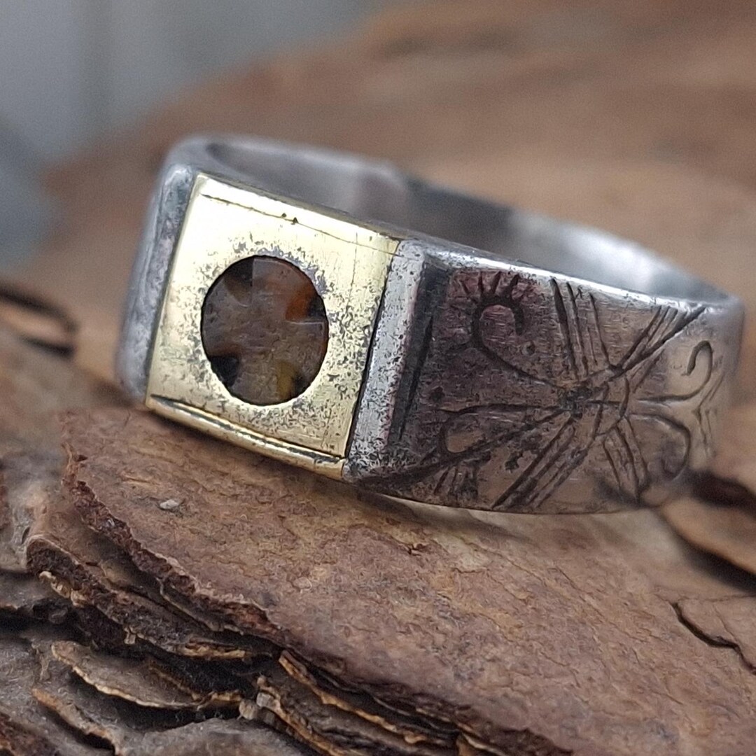 Rare WW1 Artifact, Patriotic Ring With Engraving and Amber Cross Incert ...