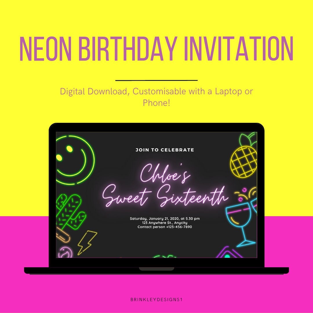 Printable Neon Light Birthday Invitation, Customised Template, Adult ...