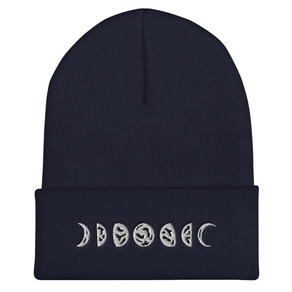 Black-white Moon Phases Cuffed Beanie Embroidered Moon Cycle Fall ...
