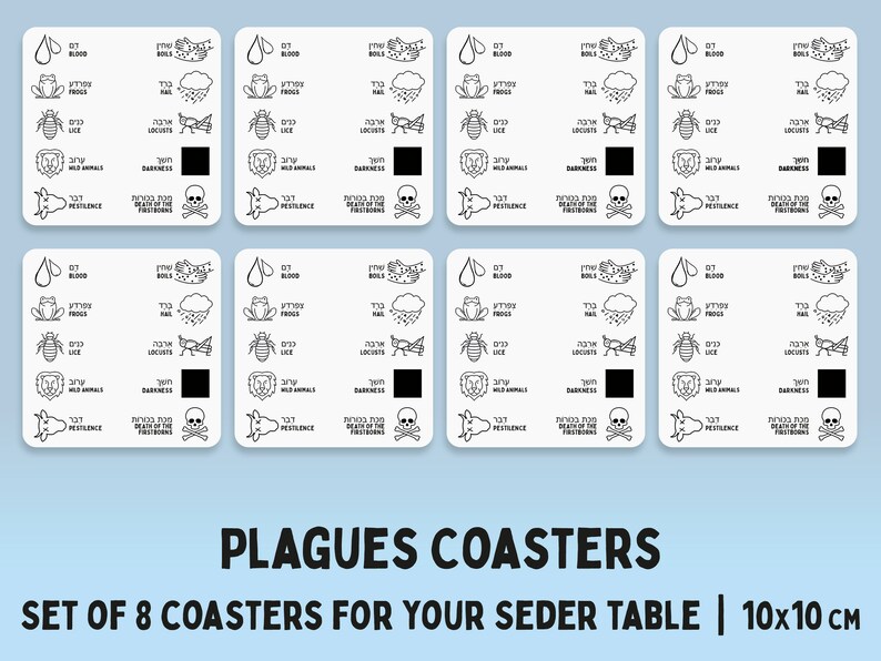 Passover 10 Plagues Coasters Set of 8 Seder Coasters Ten Makot Pesach ...
