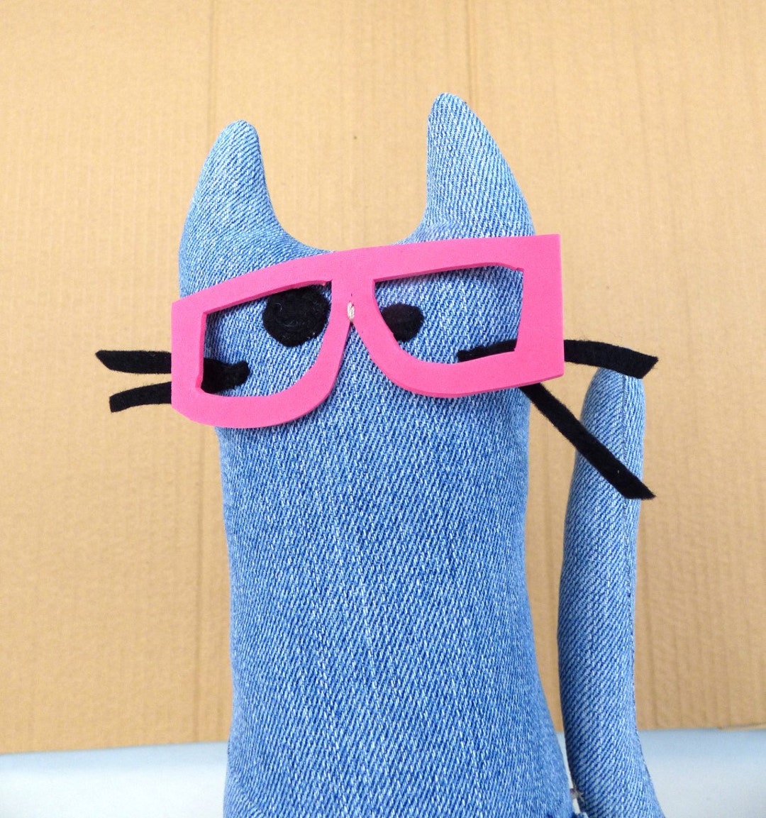 Big Nerdy Standing Cat Plushie, Made With Recycled Blue Jeans, Funny ...