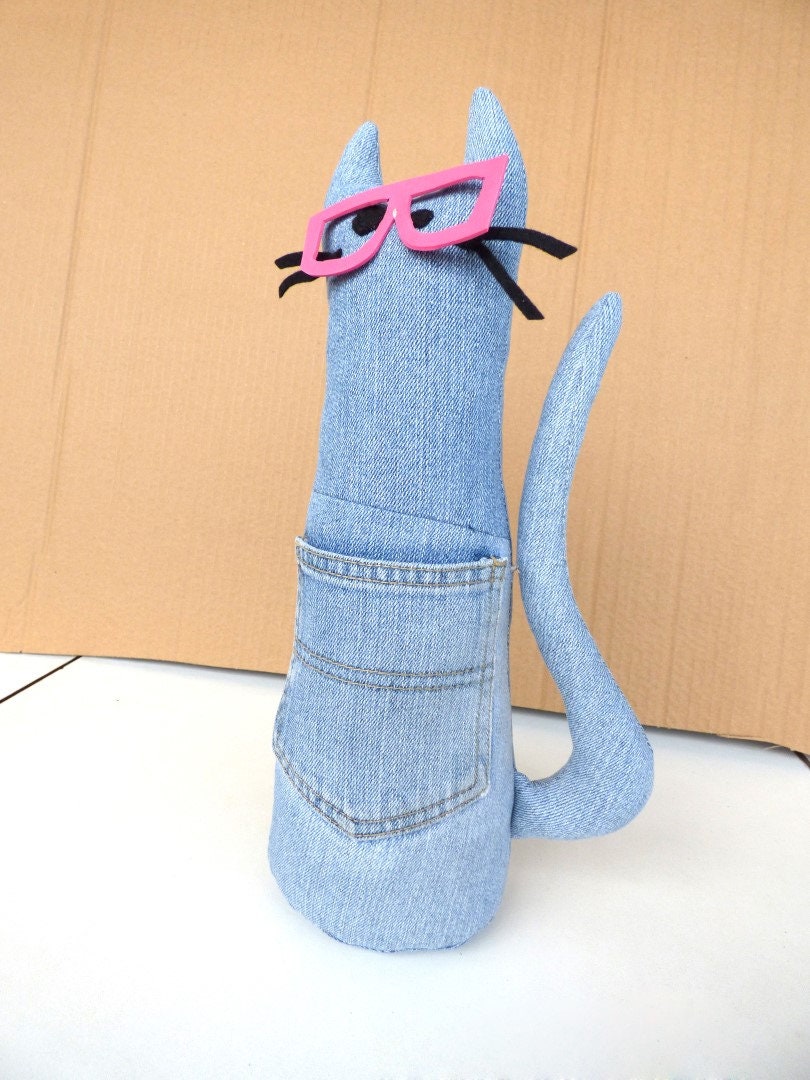 Big Nerdy Standing Cat Plushie, Made With Recycled Blue Jeans, Funny ...