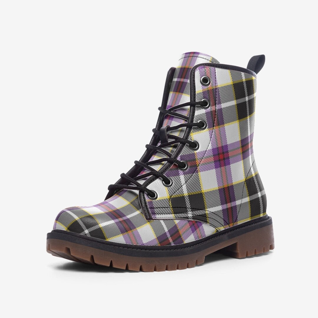 Y2K Boots, 90s Boots, Vegan Leather Combat Boots Purple and White Plaid ...
