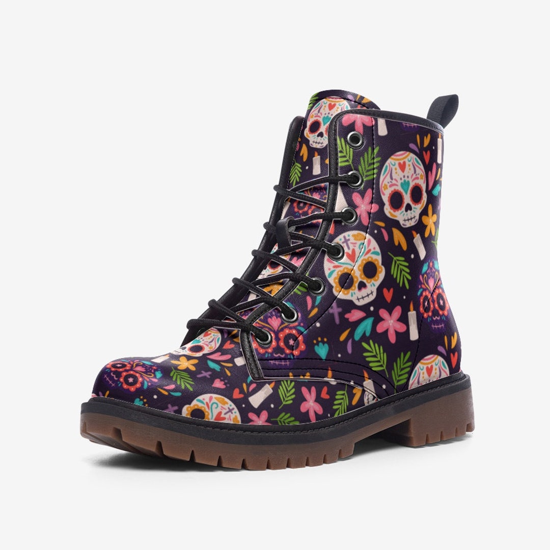 Y2K Boots, Sugar Skull Macabre Vegan Leather Combat Boots, Women's ...
