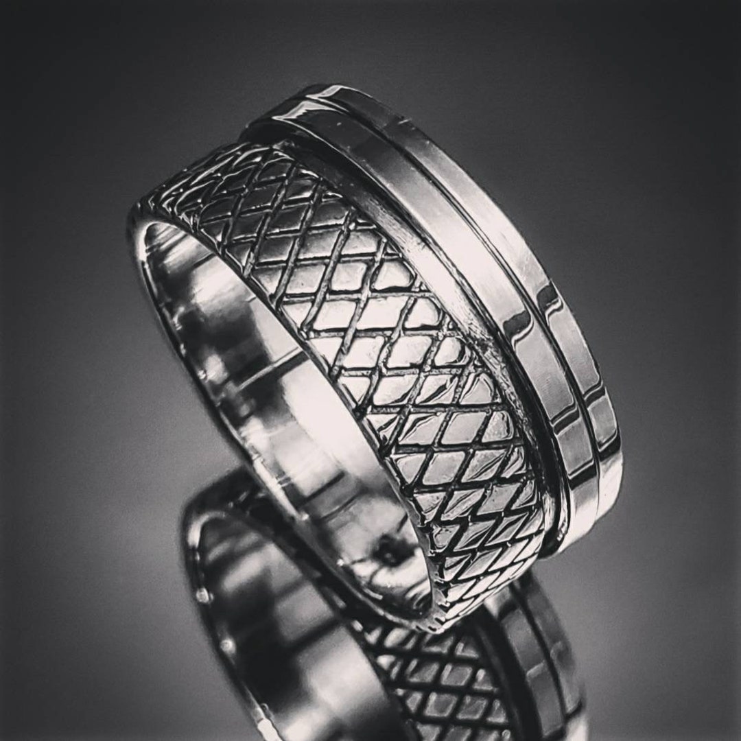 Gritted Sterling Silver Spinner Ring: 10mm Wide Band - Etsy