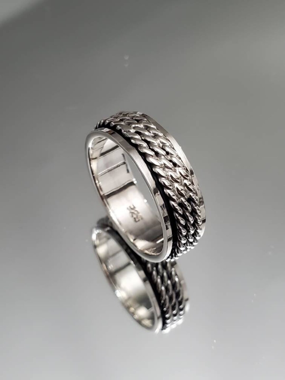 3 Tug Rope Spinner Band - Sterling Silver 925 Men's Ring, 7mm Wedding ...