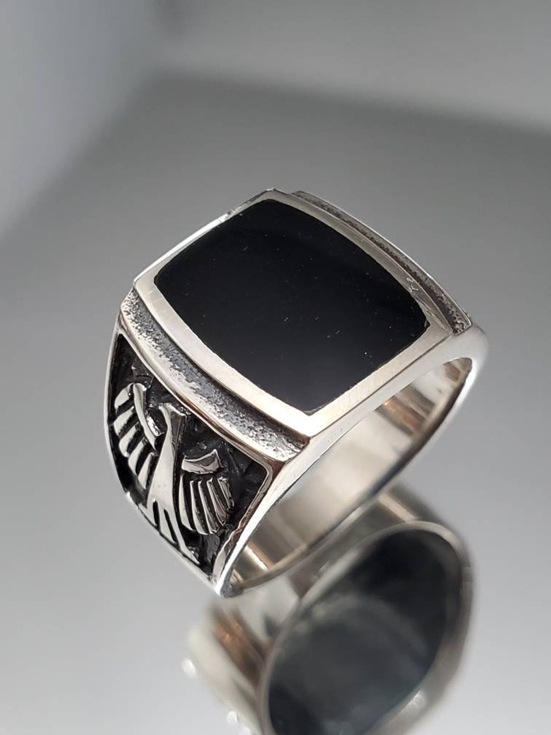 Onyx Kingsman Eagle Ring, Sterling Silver Men's Ring, Black Stone Band ...
