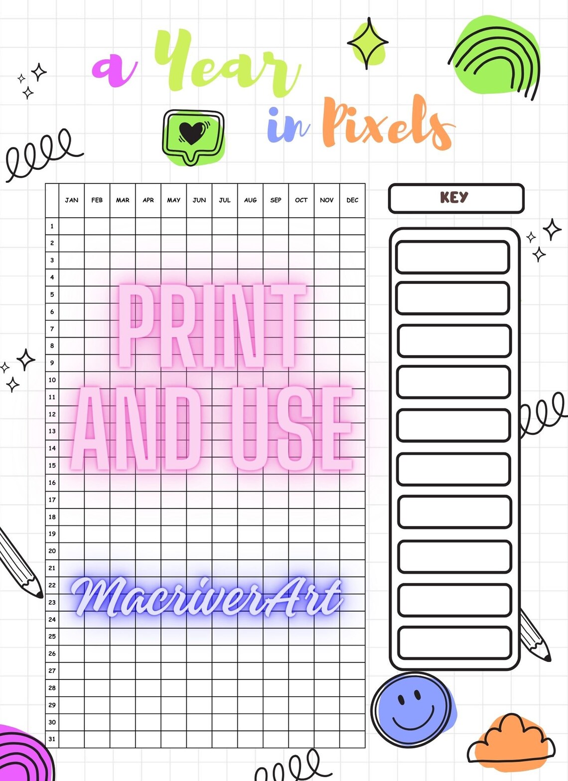 Year in Pixels | Planner | Printable Tracker | Yearly Overview | Bullet ...
