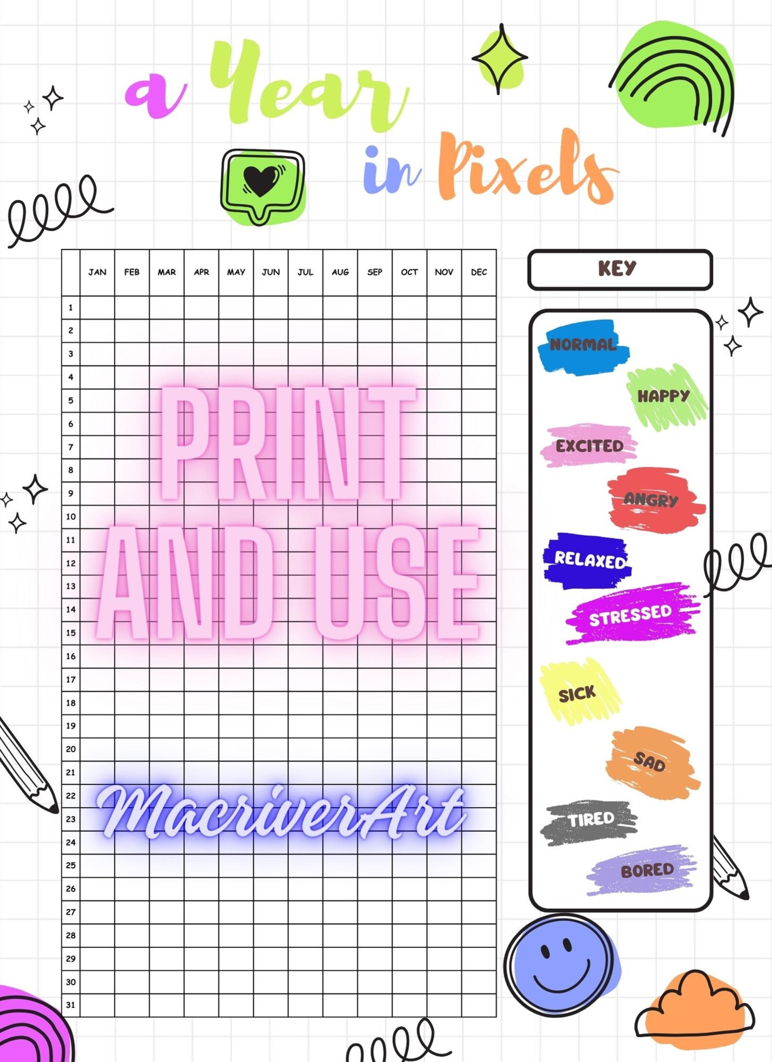 Year in Pixels | Planner | Printable Tracker | Yearly Overview | Bullet ...