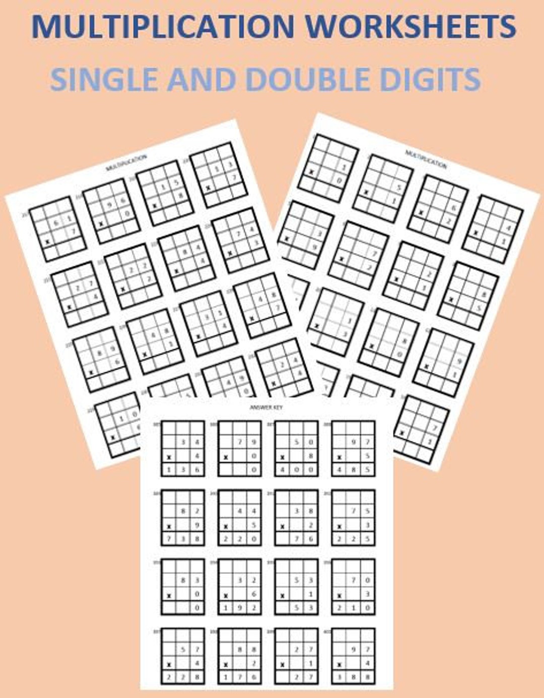 50 Pages Printable Single Digit & Double Digit Multiplication Math ...
