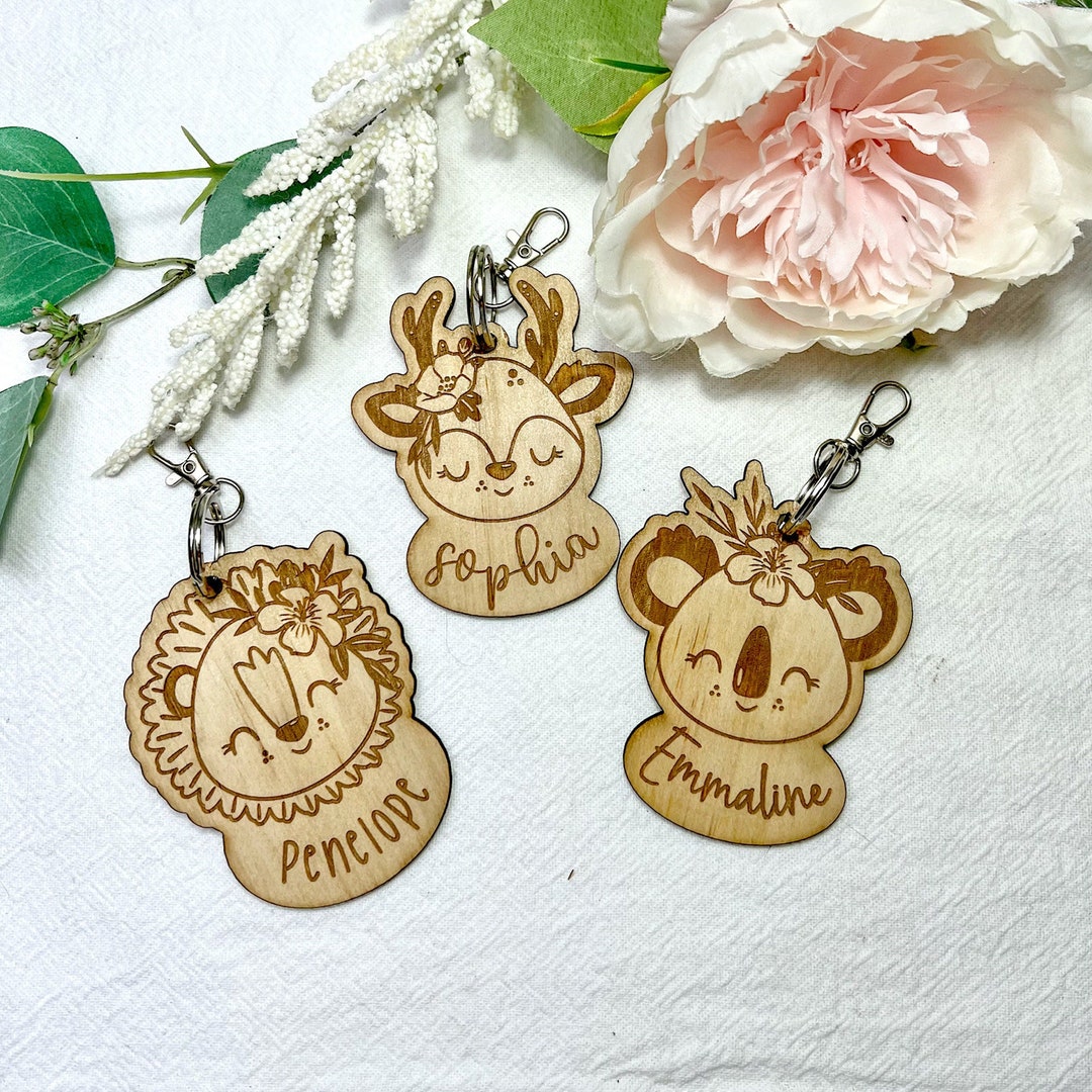 Animal Name Tags for Kids Personalised, Cute Wooden Engraved School Bag ...