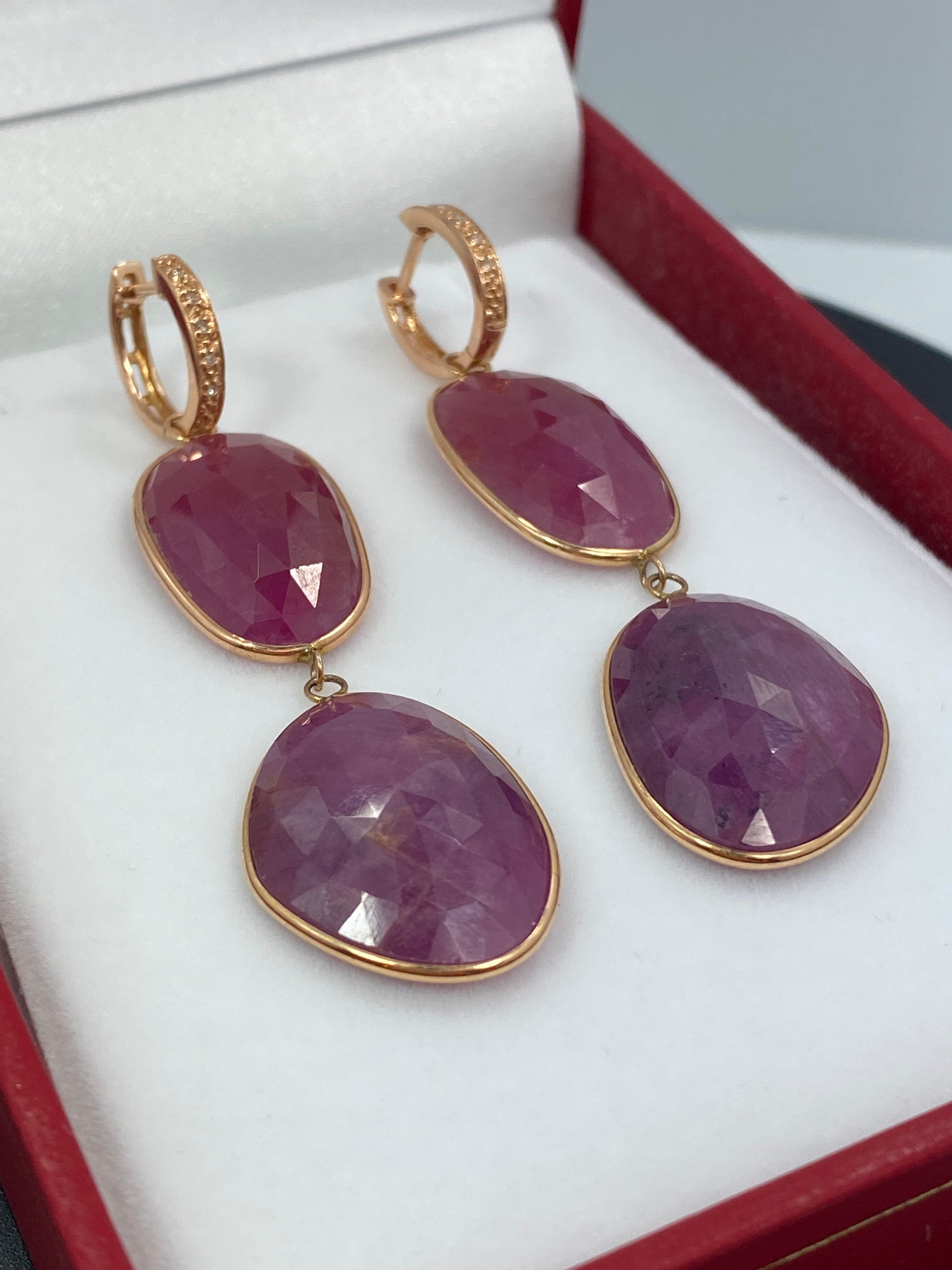 14kt Rose Gold Double Drop Opaque Ruby and Diamond Earrings - Etsy