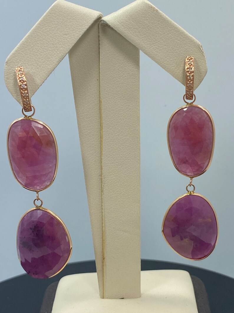 14kt Rose Gold Double Drop Opaque Ruby and Diamond Earrings - Etsy