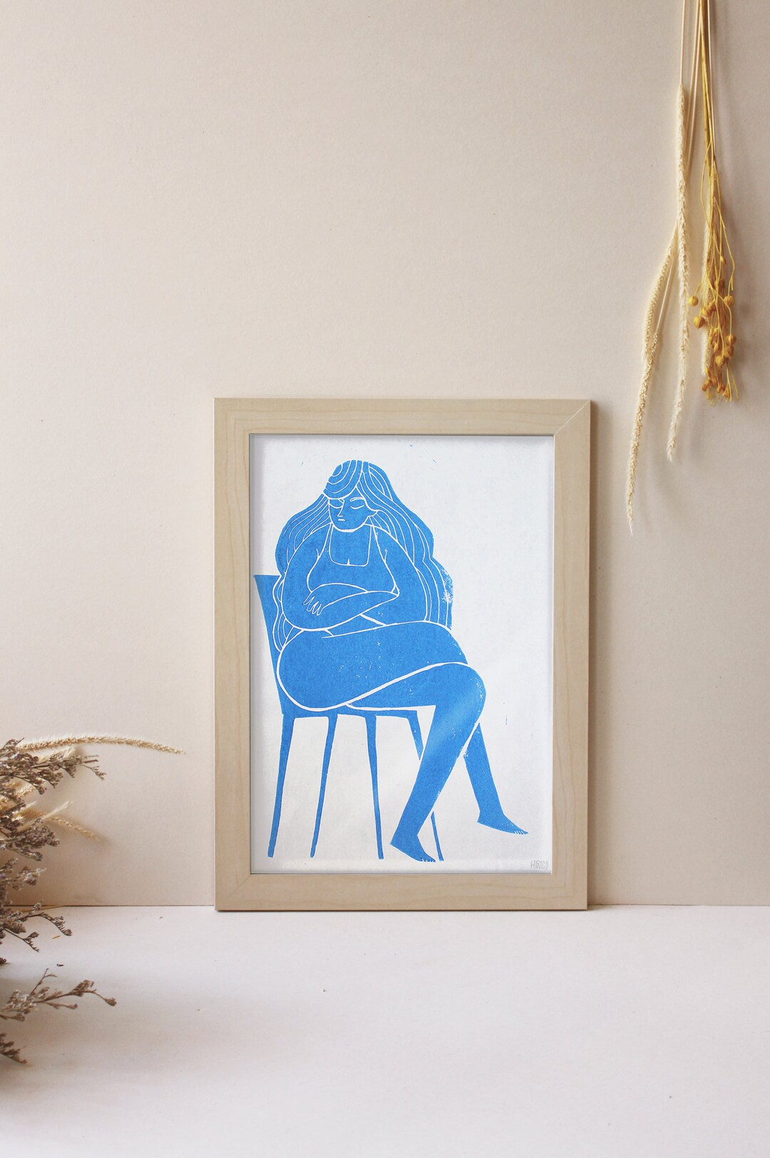 Linocut A4 la Boudeuse Blue - Etsy