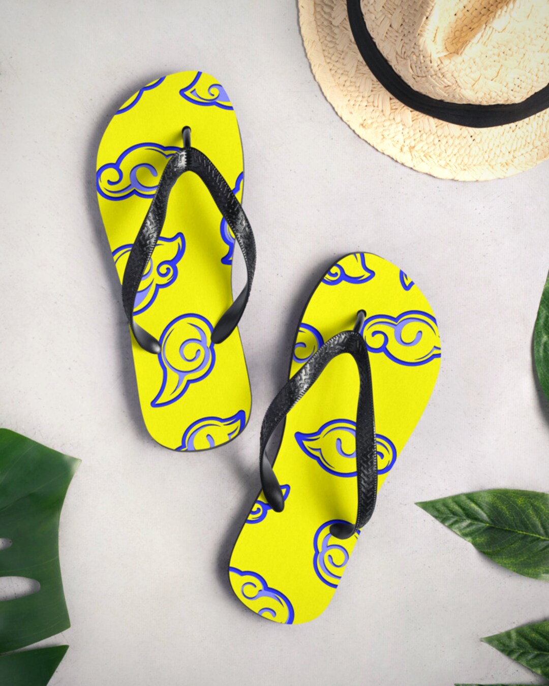 Kumo Clouds Blue & Yellow Unisex Flip Flops / Japanese Style Thong ...