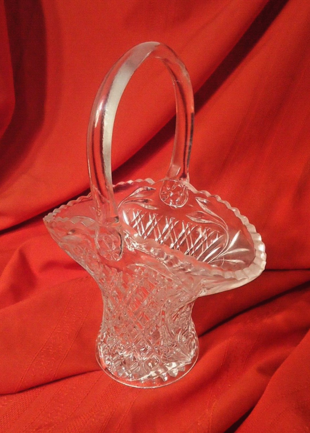 Vintage Crystal Cut Glass Flower Basket Vase Applied Handle - Etsy