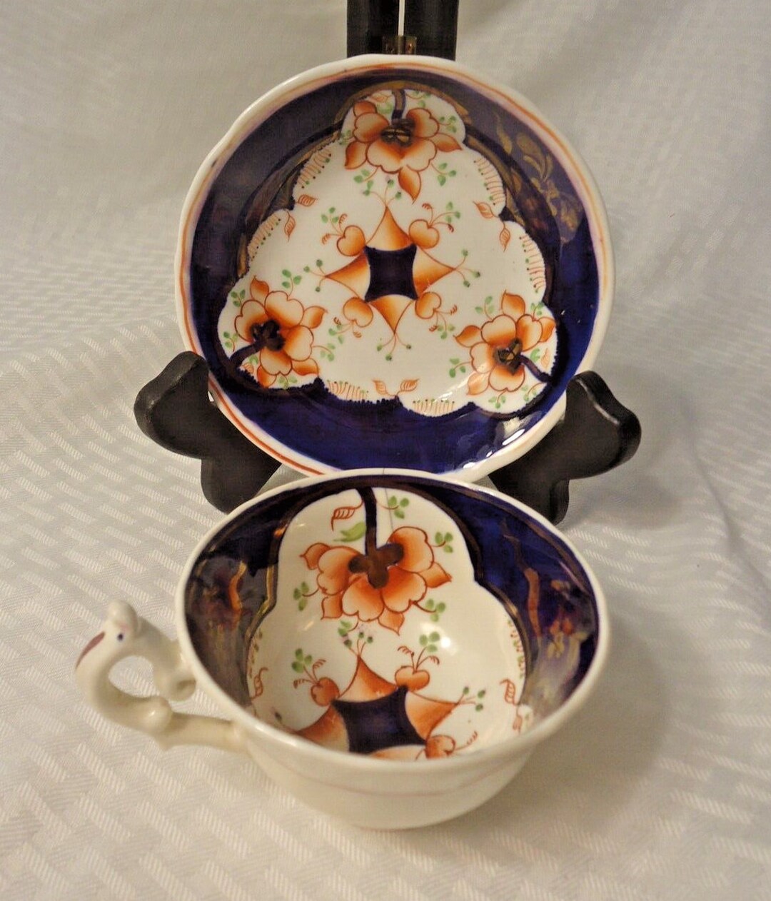 Colorful Antique Staffordshire Porcelain Gaudy Welsh Cup & Saucer C ...