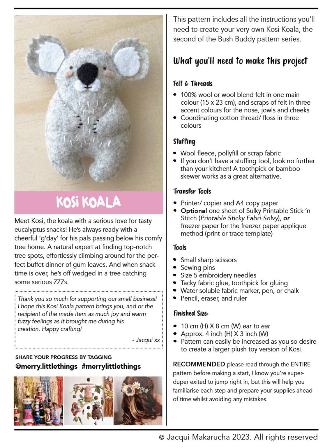 Kosi Koala PDF Pattern, a Hand Sewn Wool Felt Ornament/ Toy, Bush Buddy ...