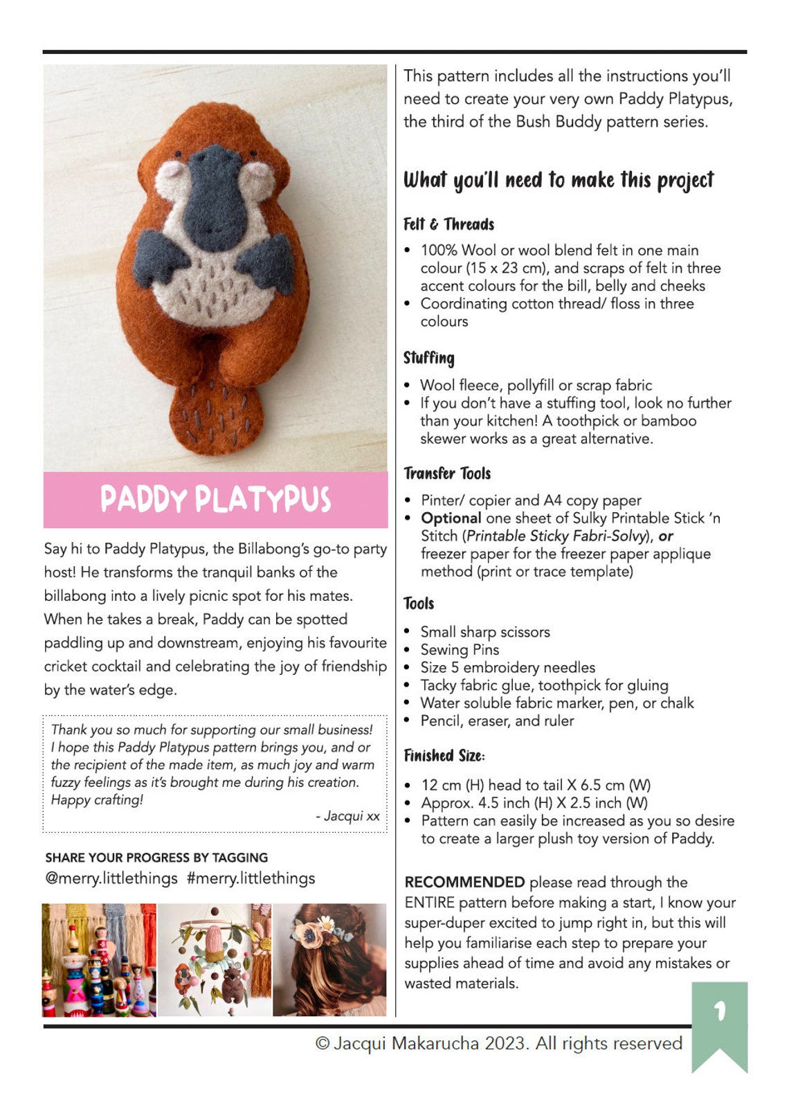 Paddy Platypus PDF Pattern, a Hand Sewn Wool Felt Ornament/ Toy, Bush ...