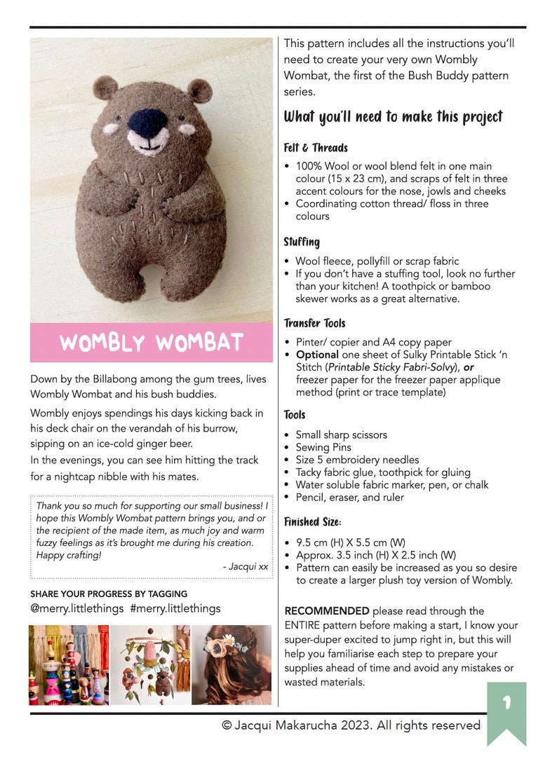 Wombly Wombat PDF Pattern, a Hand Sewn Wool Felt Ornament/ Toy, Bush ...