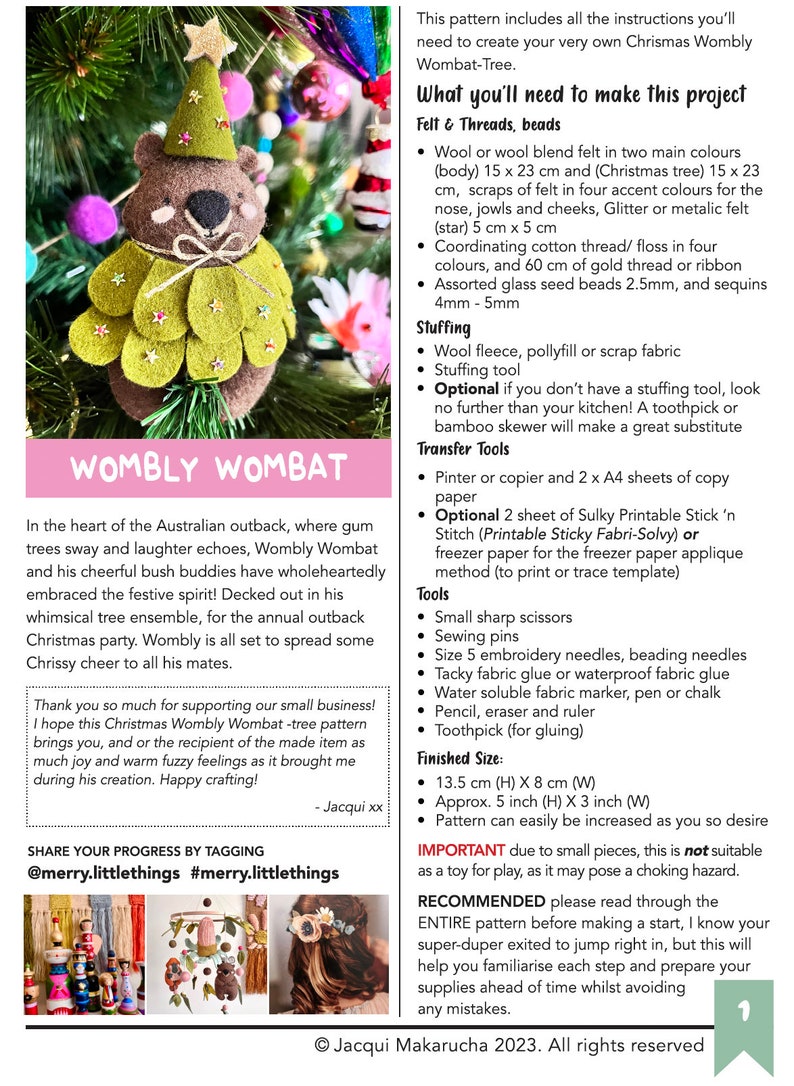 Wombly Wombat Christmas Tree PDF Pattern, a Hand Sewn Wool Felt ...
