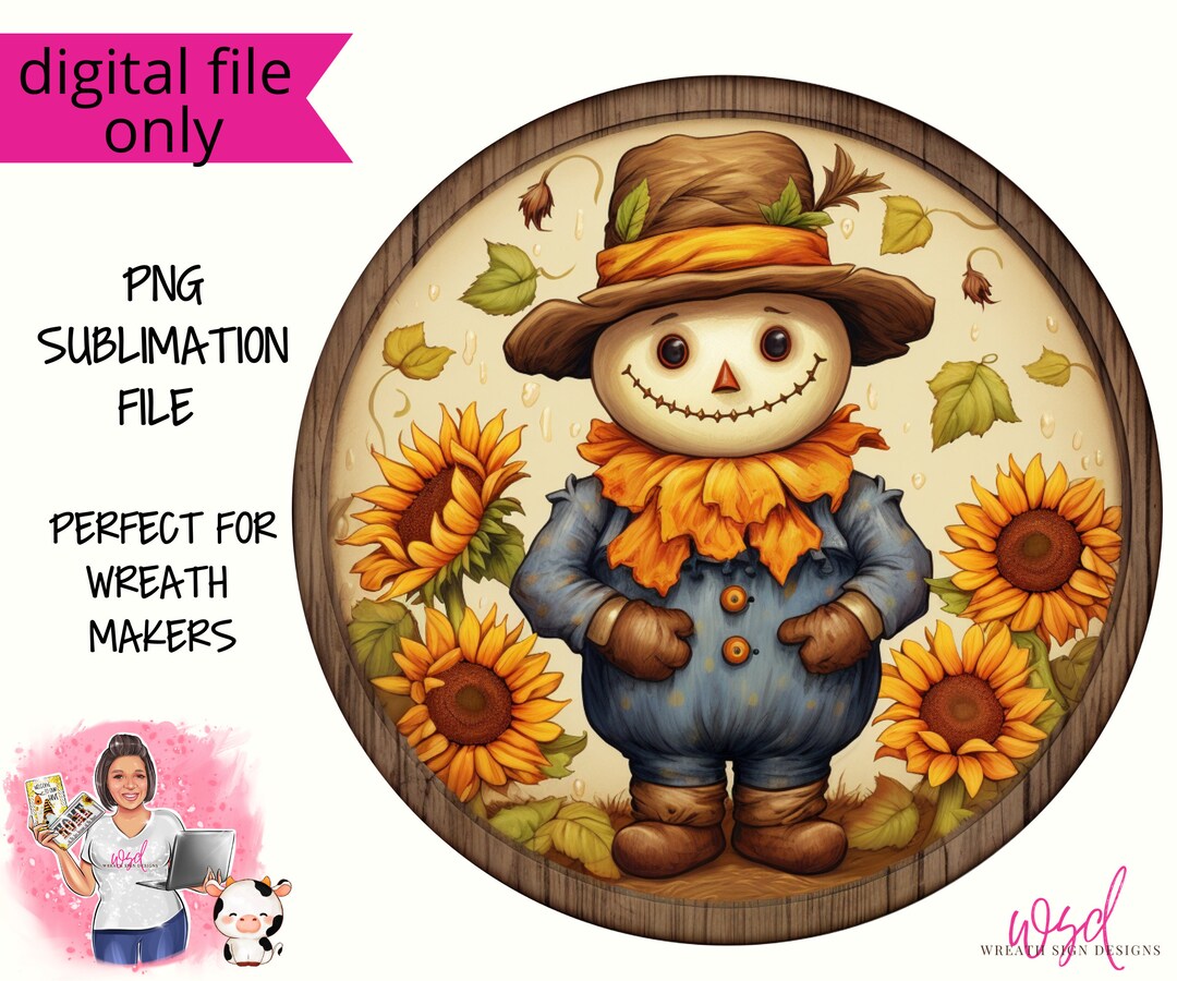 Fall Scarecrow and Sunflowers Digital Wreath Sign- Round Wreath Sign ...