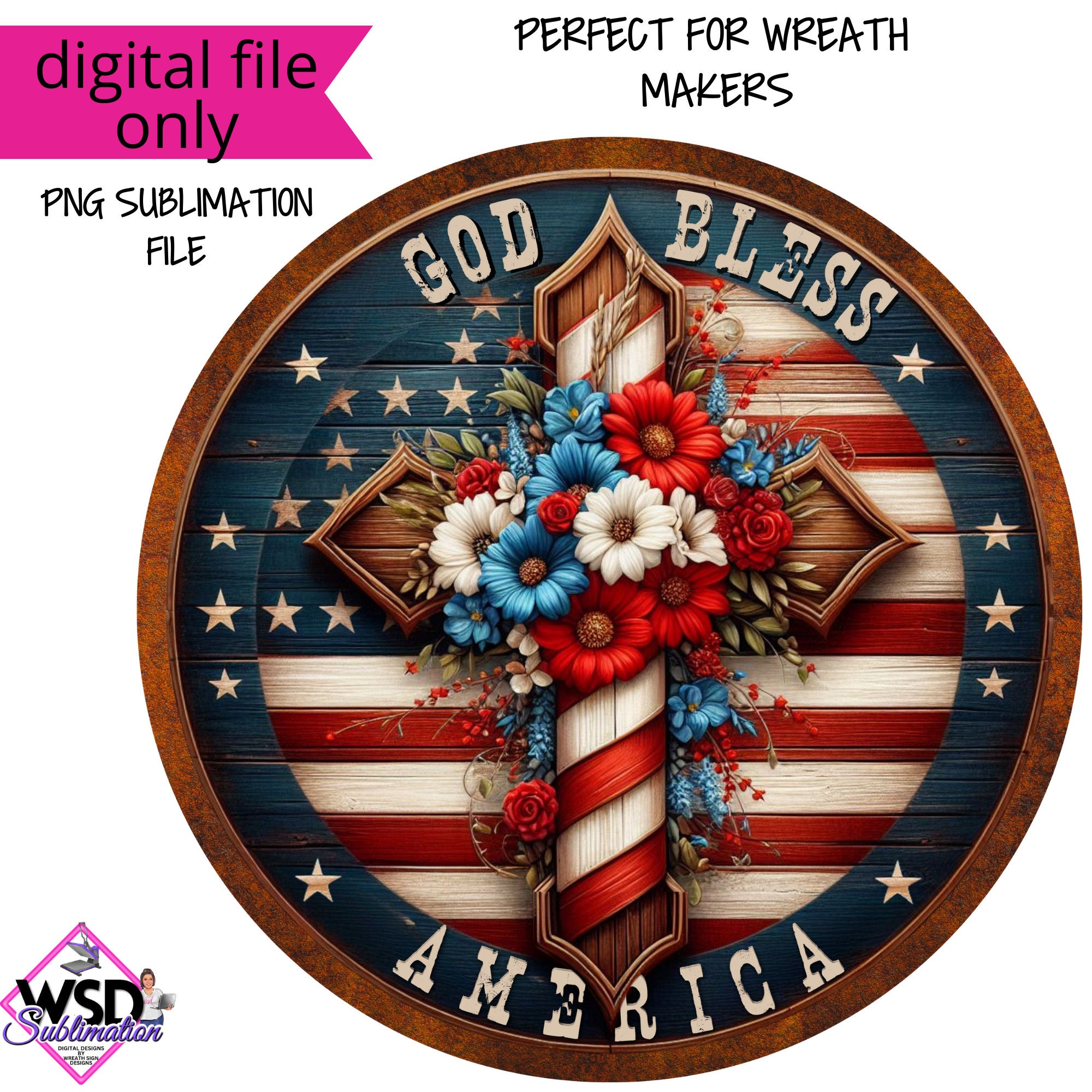 God Bless America Patriotic Cross With Flag 4th Of July Flowers Wreath