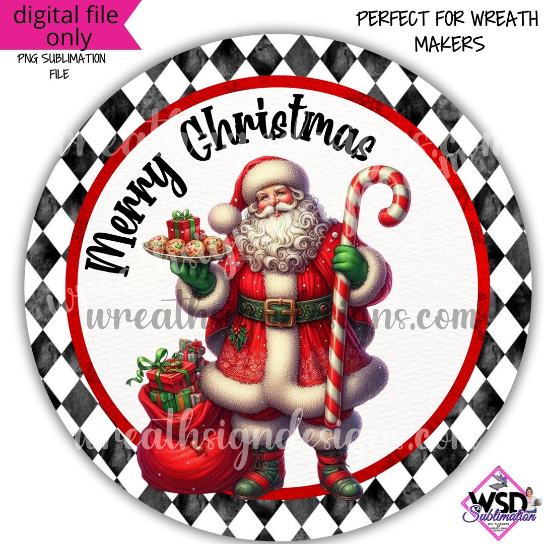 Vintage Santa With Harlequin Christmas Sign Wreath Sign Digital Design ...