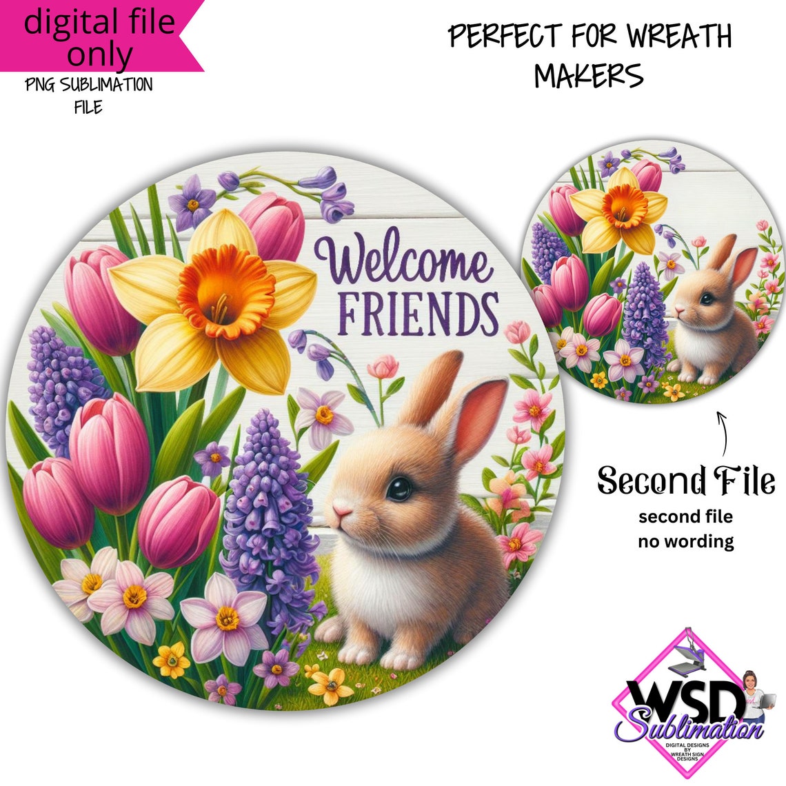 Welcome Friends Spring Bunny and Flowers Sign Digital Design Png ...