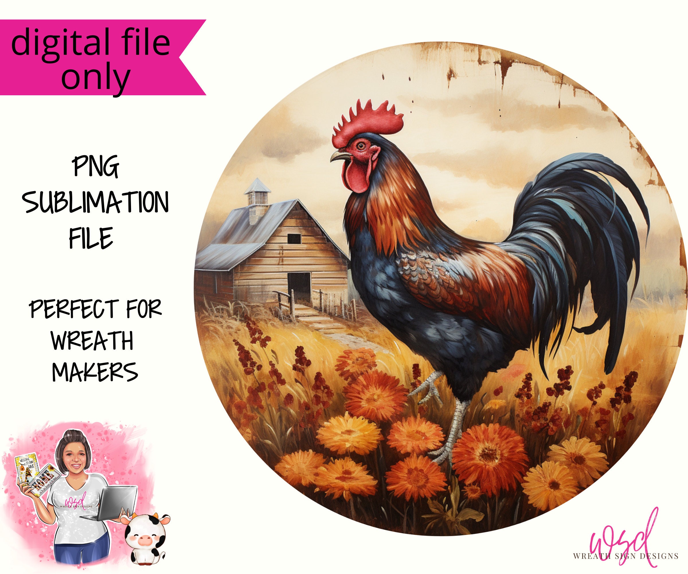 Fall Rooster Rustic Autumn Florals Round Wreath Sign Design Digital ...