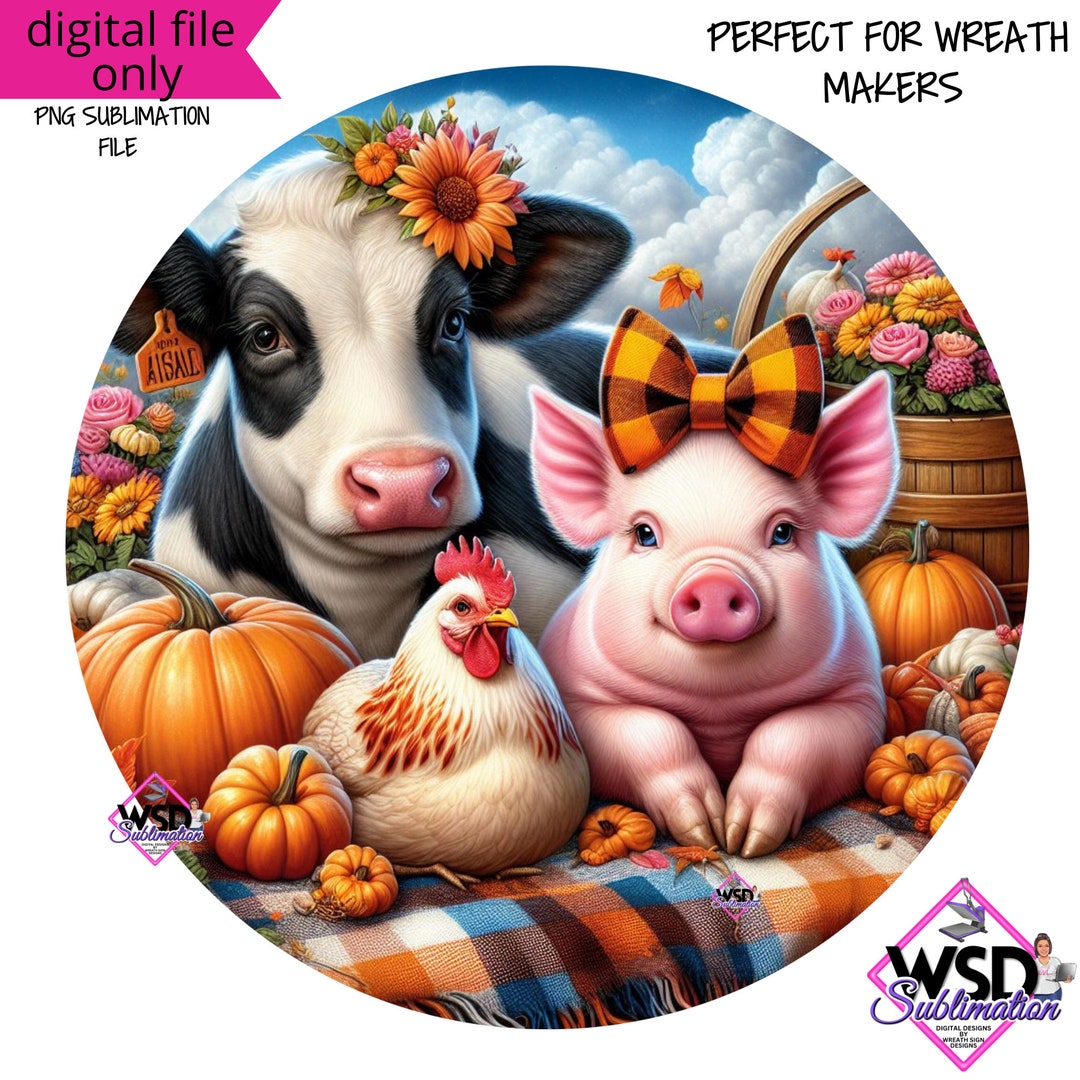 Welcome Fall Farm Animals Cow Pig Chicken Wreath Sign- Round Wreath ...