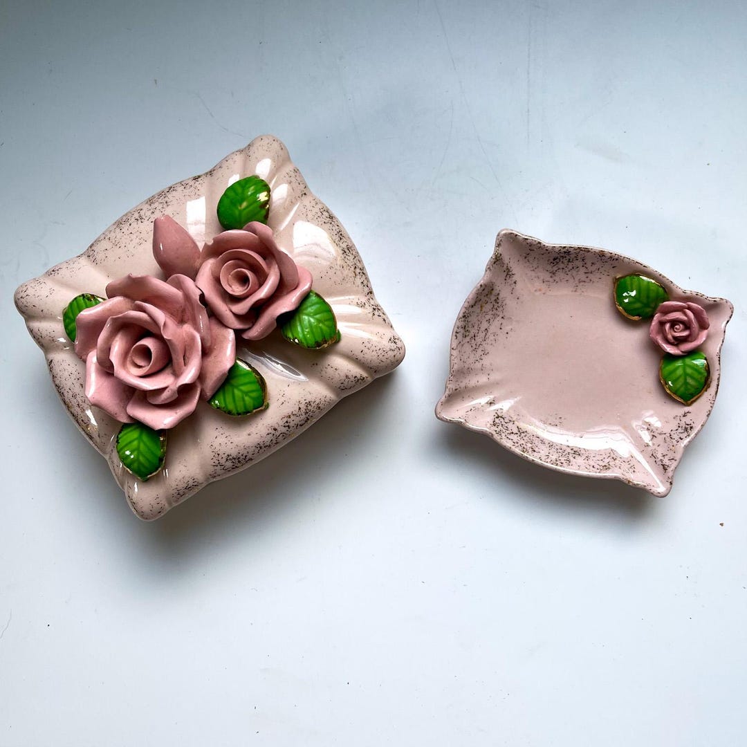 Vintage Pink Rose Ceramic Cigarette Box With Matching Ashtray Made in ...