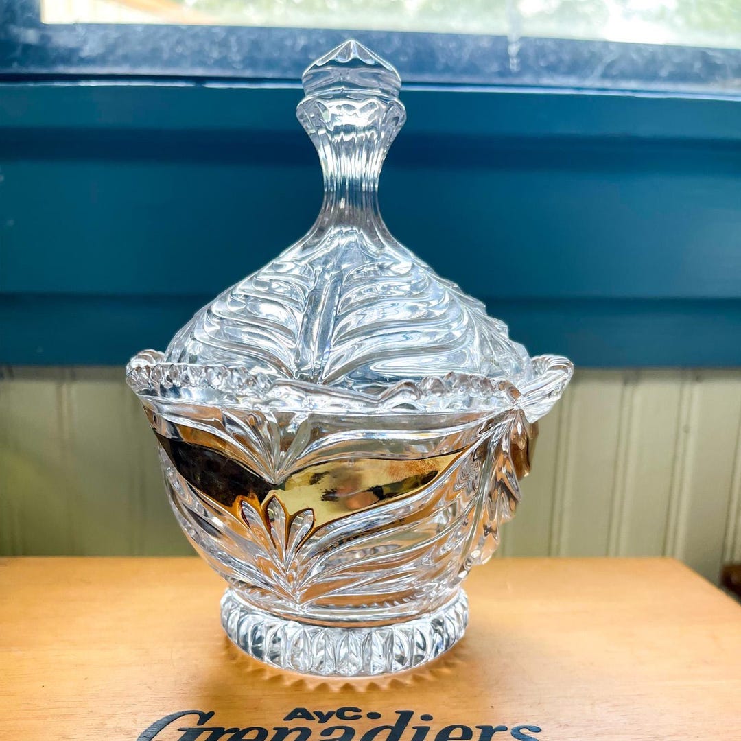 Vintage West German Crystal Lidded Candy Dish With Gold Leaf Decoration ...