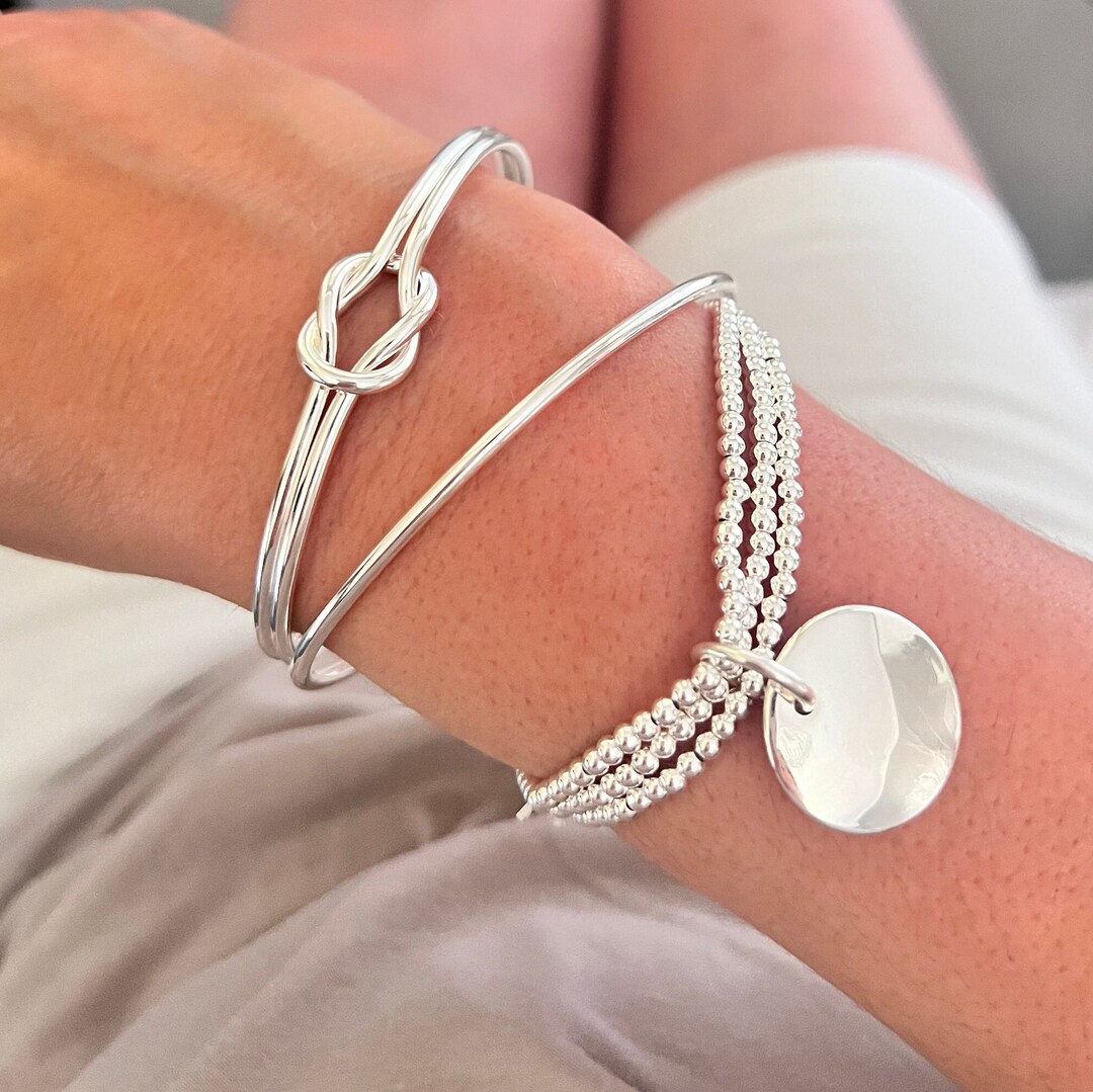Silver Bangle Bracelet Set: Knot Cuff, Beaded Charm, Gift Box - Etsy