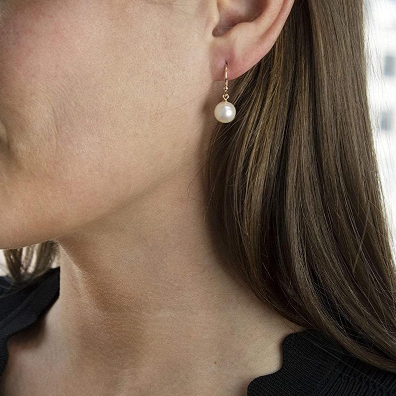 14k Gold Pearl Drop Earrings, Solid Yellow Gold Dangle Earrings, Round White Freshwater Cultured ...