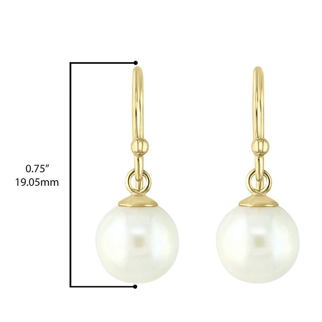 14k Gold Pearl Drop Earrings, Solid Yellow Gold Dangle Earrings, Round White Freshwater Cultured ...