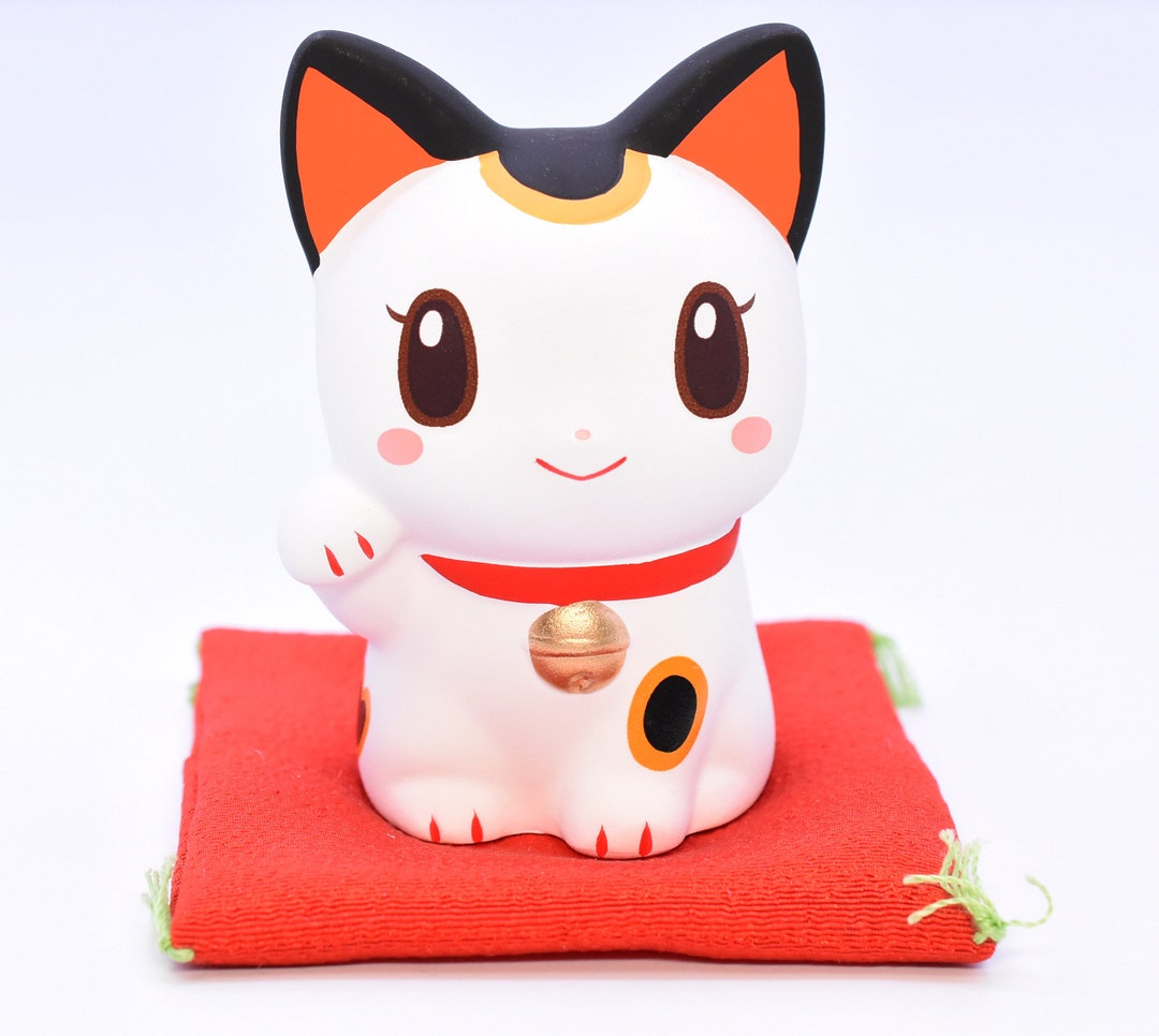 Maneki Neko White Color Red and Black Ears Beckoning Cat Lucky Cat for ...