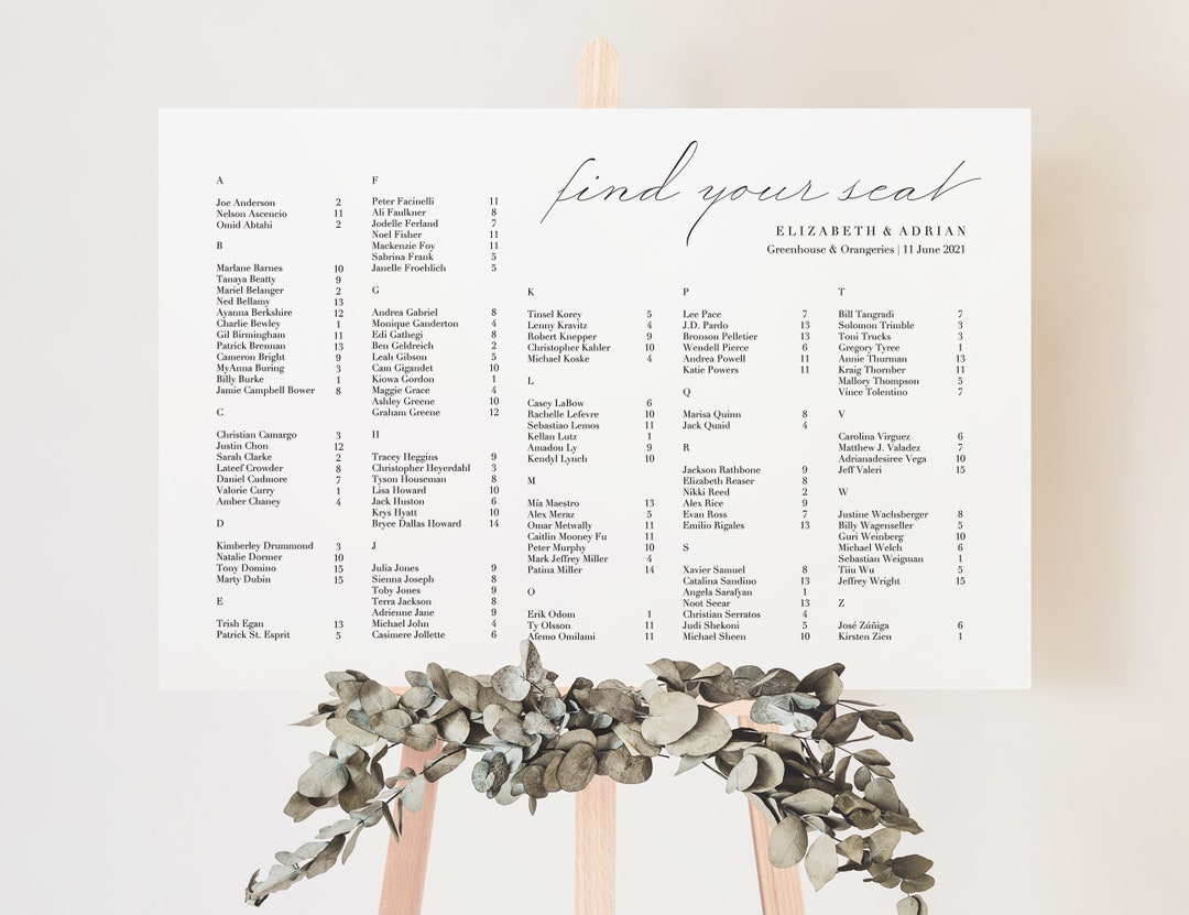 Classic Seating Chart Template | Calligraphy | Instant Download ...