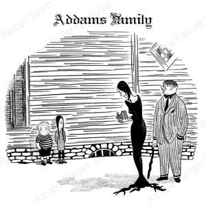 Addams Family Print Illustration Drawing Art Gothic Macabre Black Anime ...