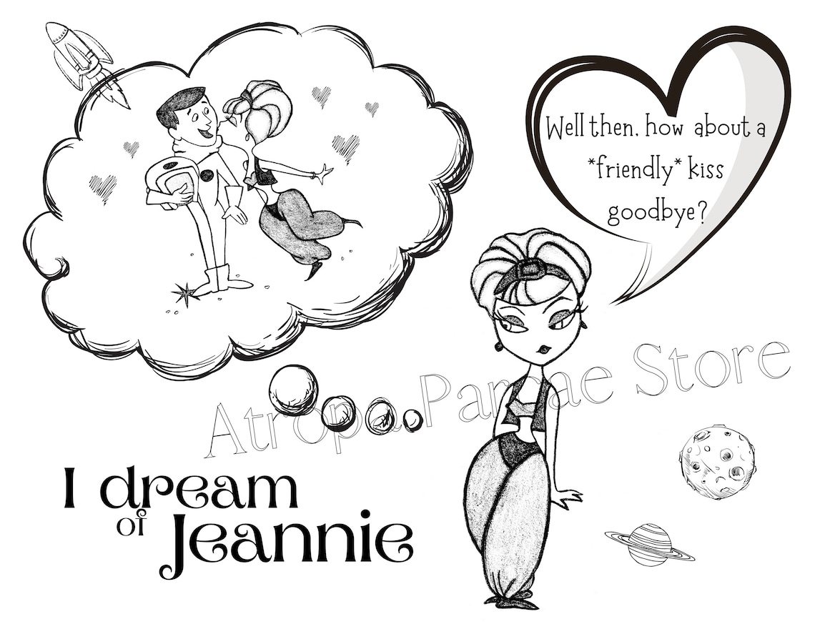 I Dream of Jeannie Major Tony Nelson Illustration Print Drawing Barbara ...