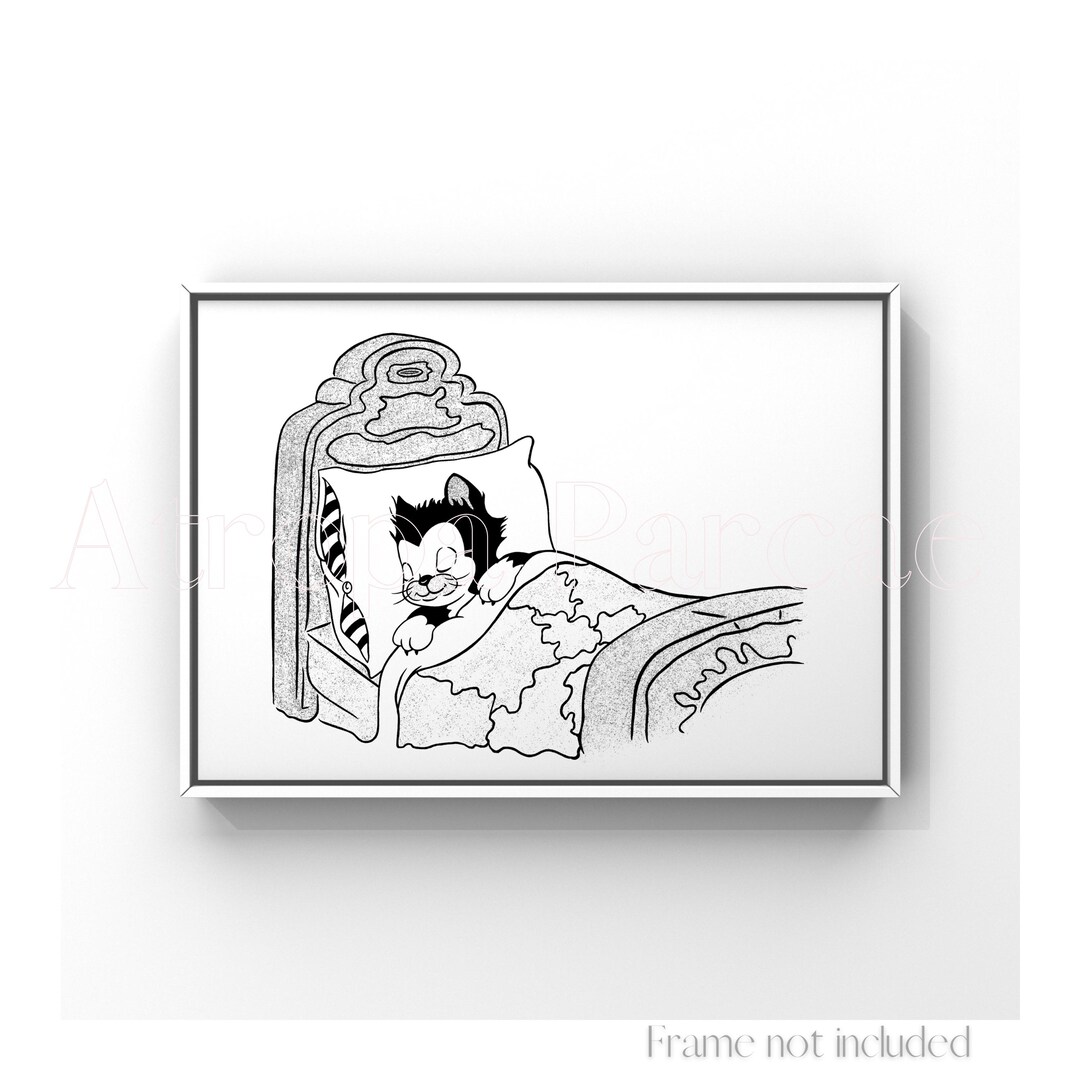 Figaro Sleeping Pinocchio Print Walt Disney Illustration Cat Dream ...